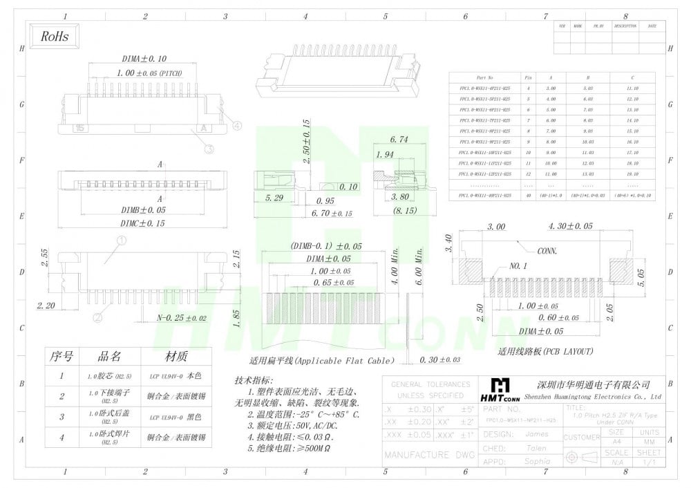 HMTCONN FPC1.0-WSX11-4P211-H25 technical drawing