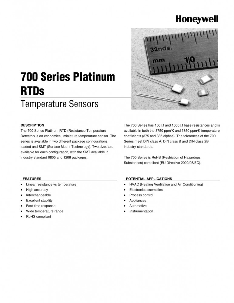 Honeywell 700 Series Platinum RTD datasheet page 1
