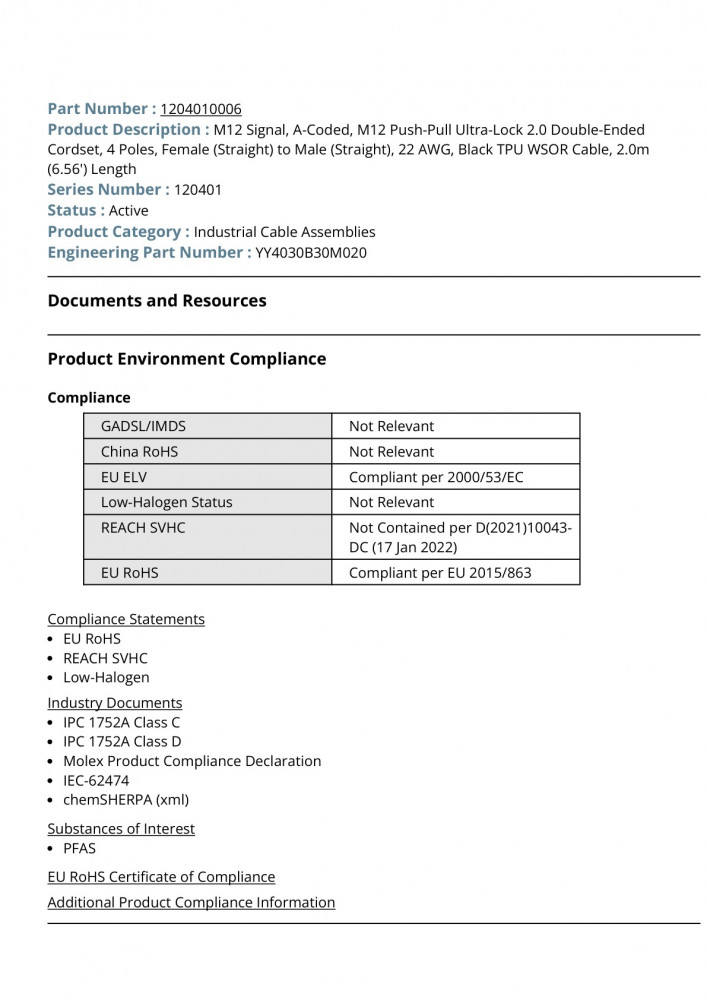 Molex product specification page preview 1