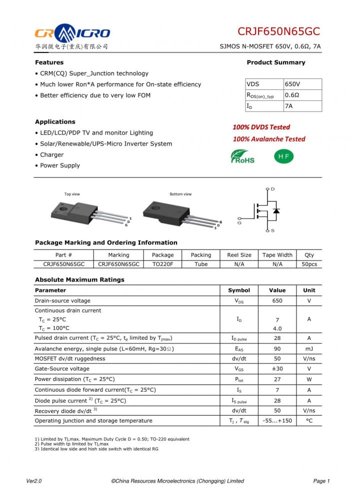 CRJF650N65GC datasheet page 1