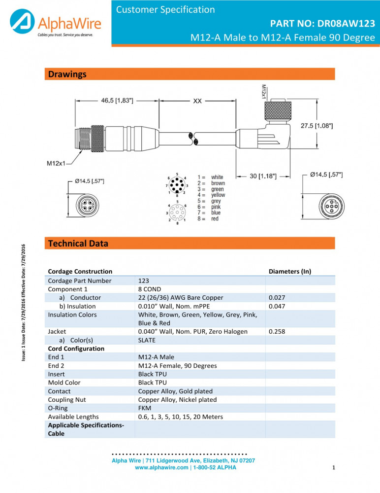 Alpha Wire DR08AW123 SL357 technical drawing page 1