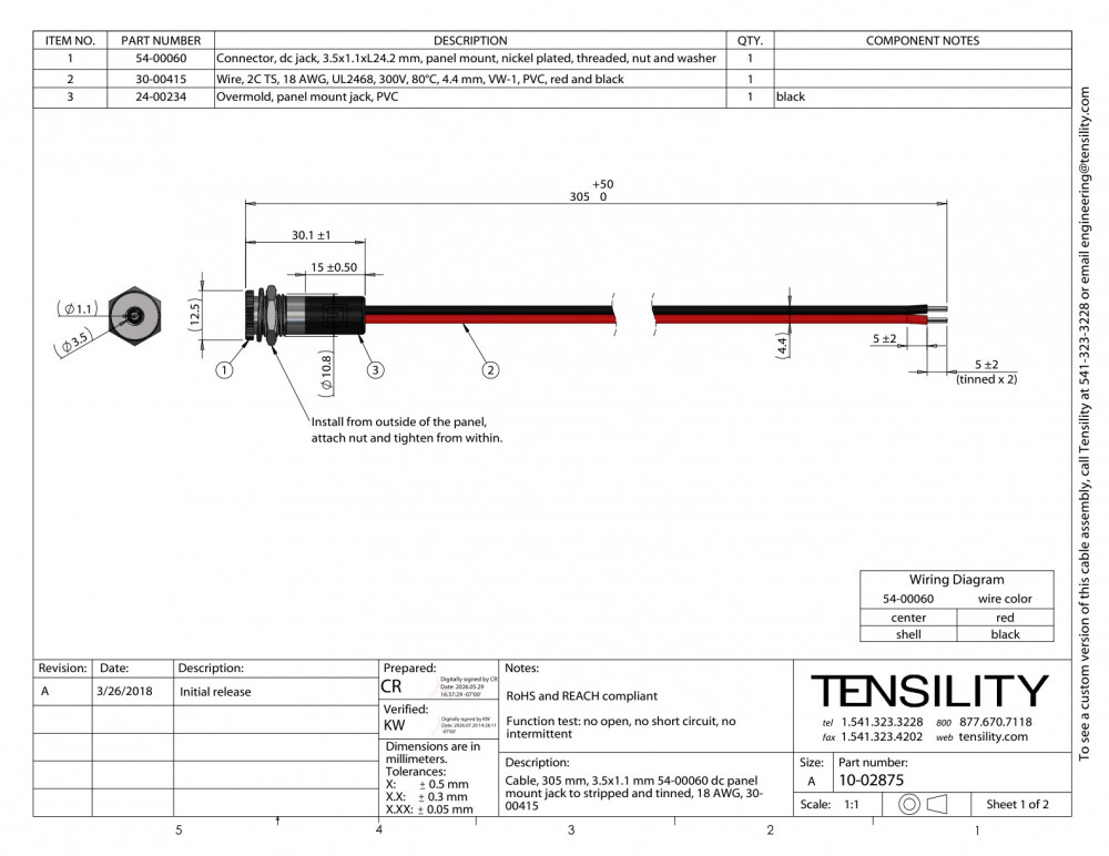 Tensility 10-02875 product drawing, page 1