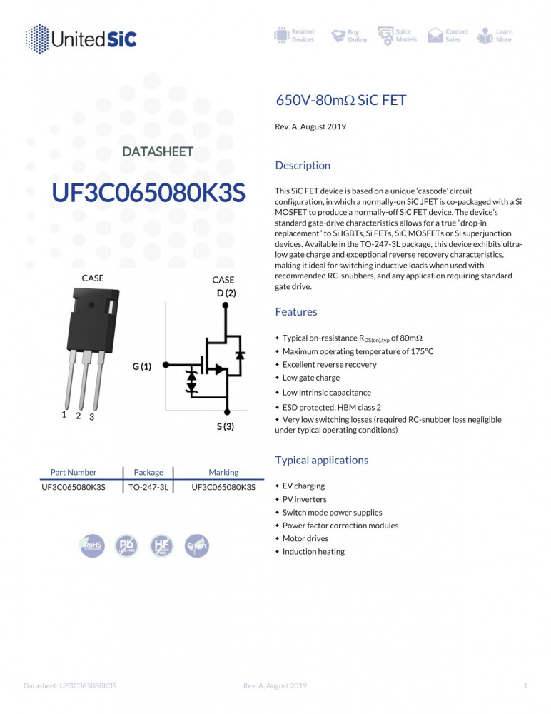 UF3C065080K3S datasheet page 1