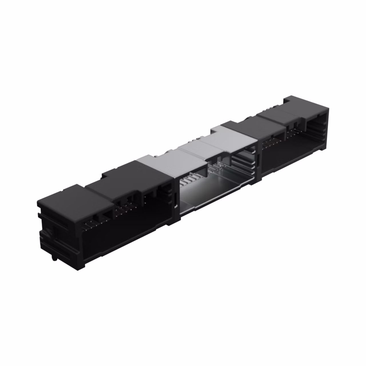 Mini50 Unsealed 2 Bay Right-Angle Headers, 72 Circuits, Bay A 38 Circuit, Polarization A, Black; Bay B 34 Circuit Hybrid, Polarization B, Gray; Tray