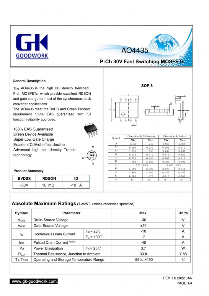 AO4435-GK datasheet page 1