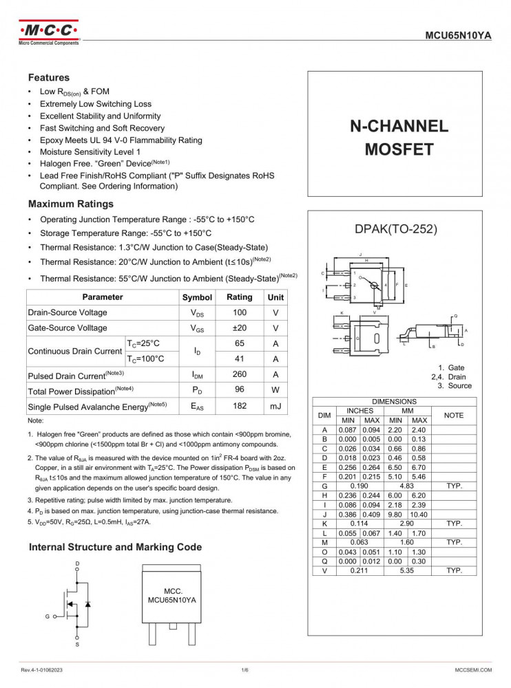 MCU65N10YA-TP datasheet page 1