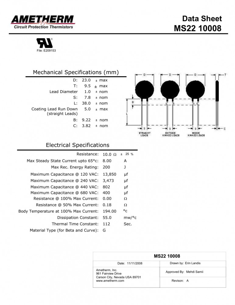 Ametherm MS22 10008 product drawing and specification image