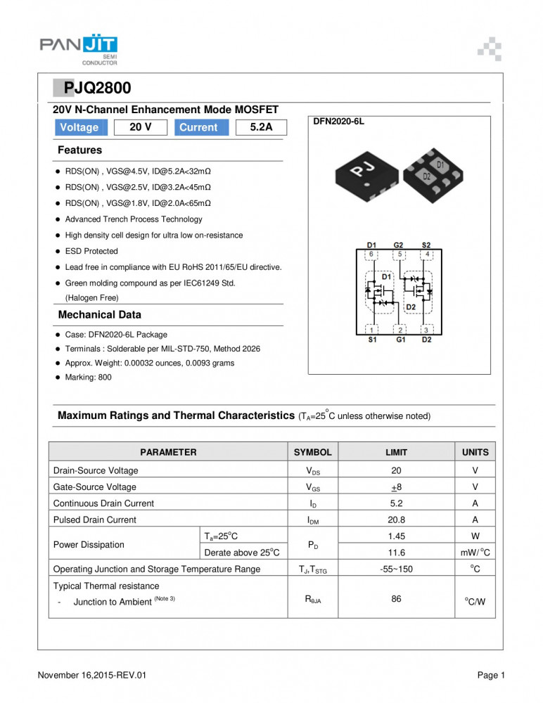 PJQ2800 datasheet page 1