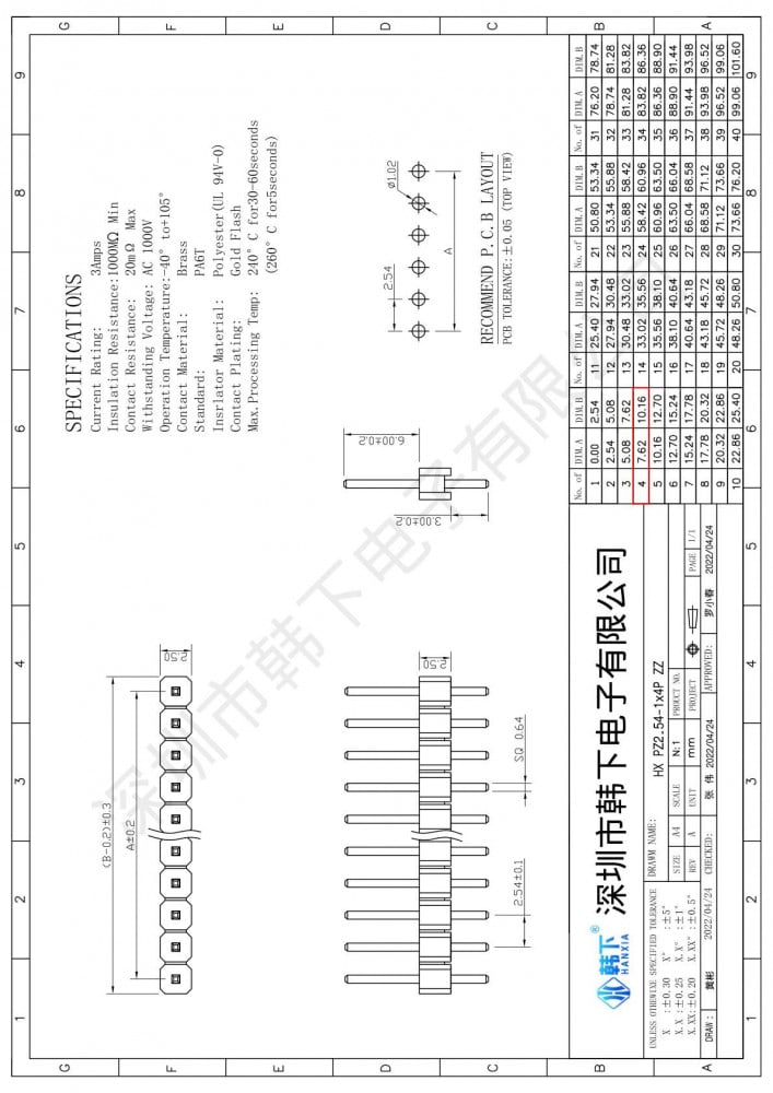 HX PZ2.54-1x4P ZZ technical document page 1