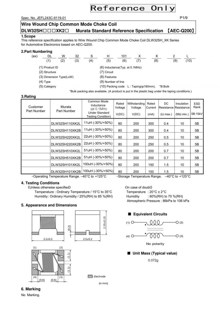 DLW32SH510XK2L specification page 1