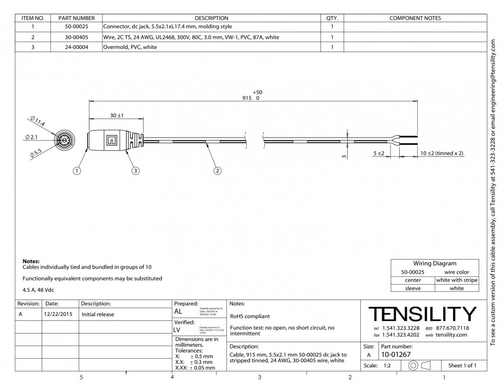 Tensility International 10-01267 cable assembly drawing