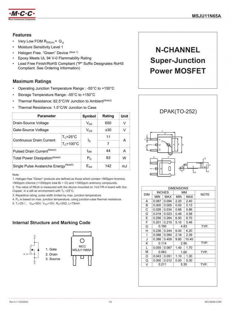 MSJU11N65A-TP datasheet page 1