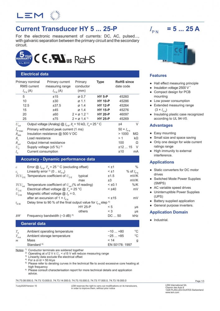 LEM HY 10-P datasheet page 1