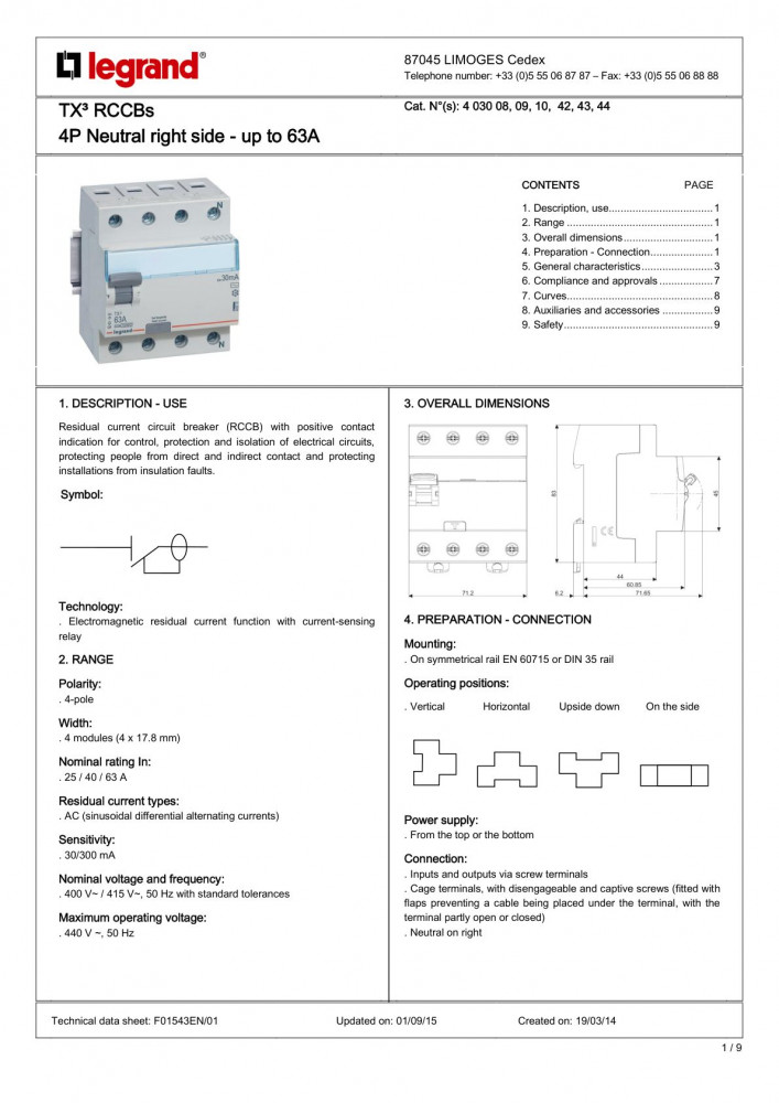 Legrand TX3 RCCB technical document, page 1