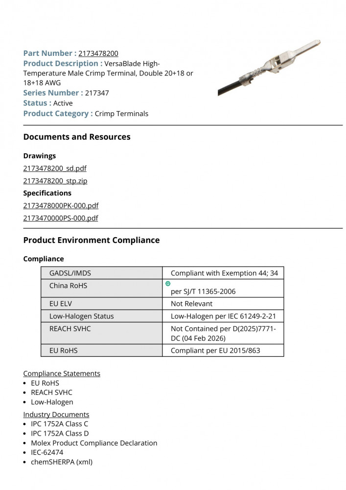 MOLEX 2173478200 technical document, page 1