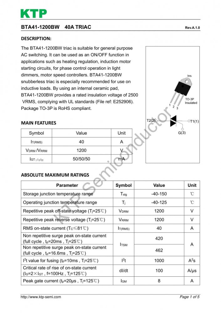 BTA41-1200BW datasheet page 1