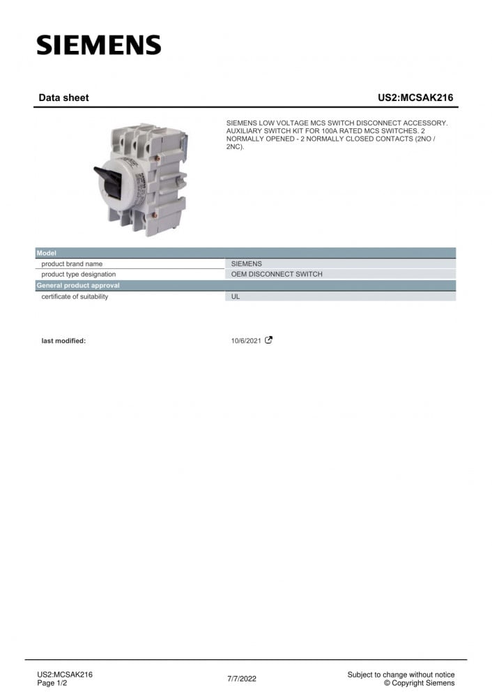 MCSAK216 technical document page 1
