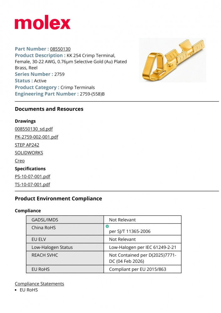 Molex KK 254 specification document page 1