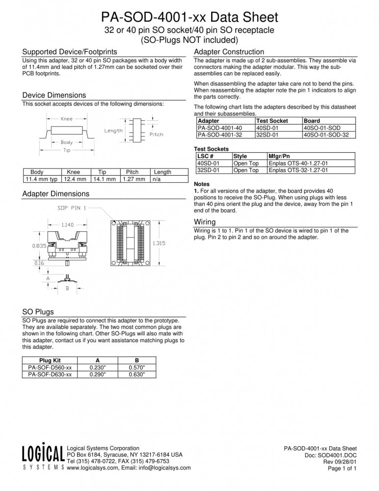 PA-SOD-4001 datasheet page showing package dimensions, plug options, construction, and wiring