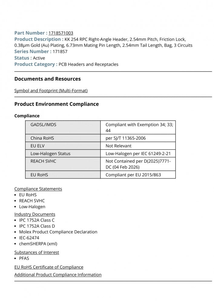 Technical document page 1 for MOLEX 1718571003