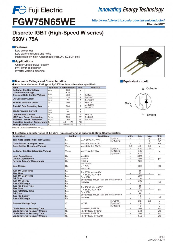 FGW75N65WE technical document page 1