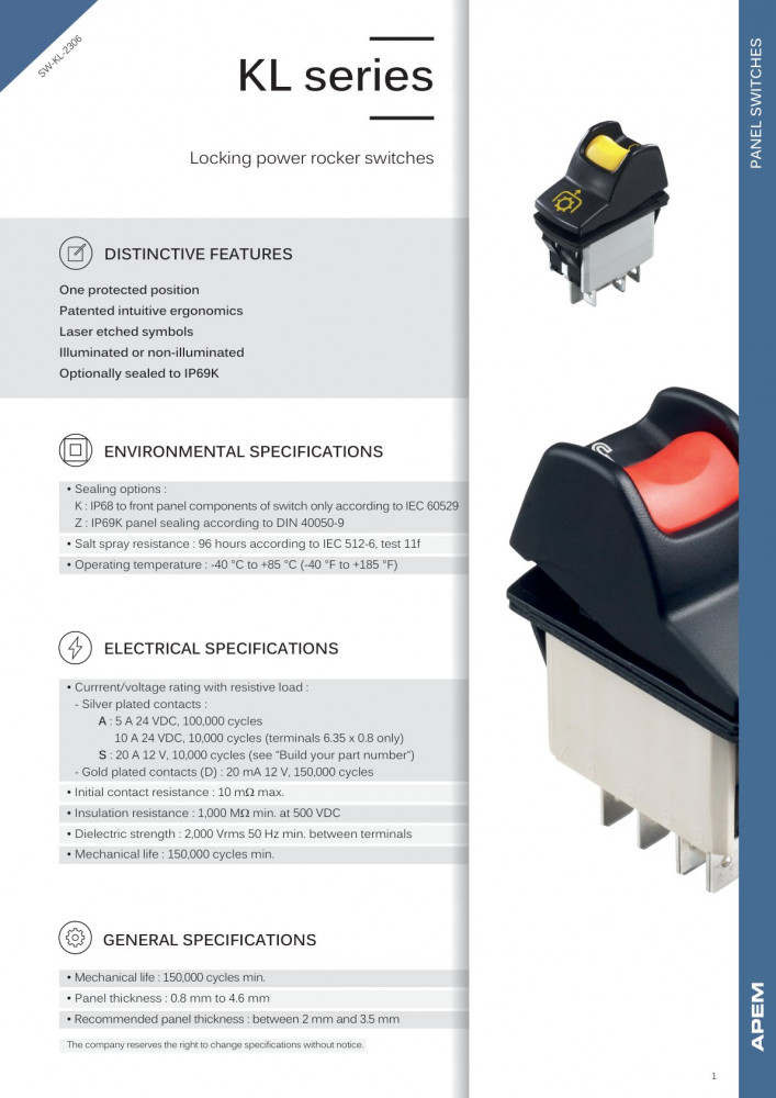 APEM KL series datasheet page 1