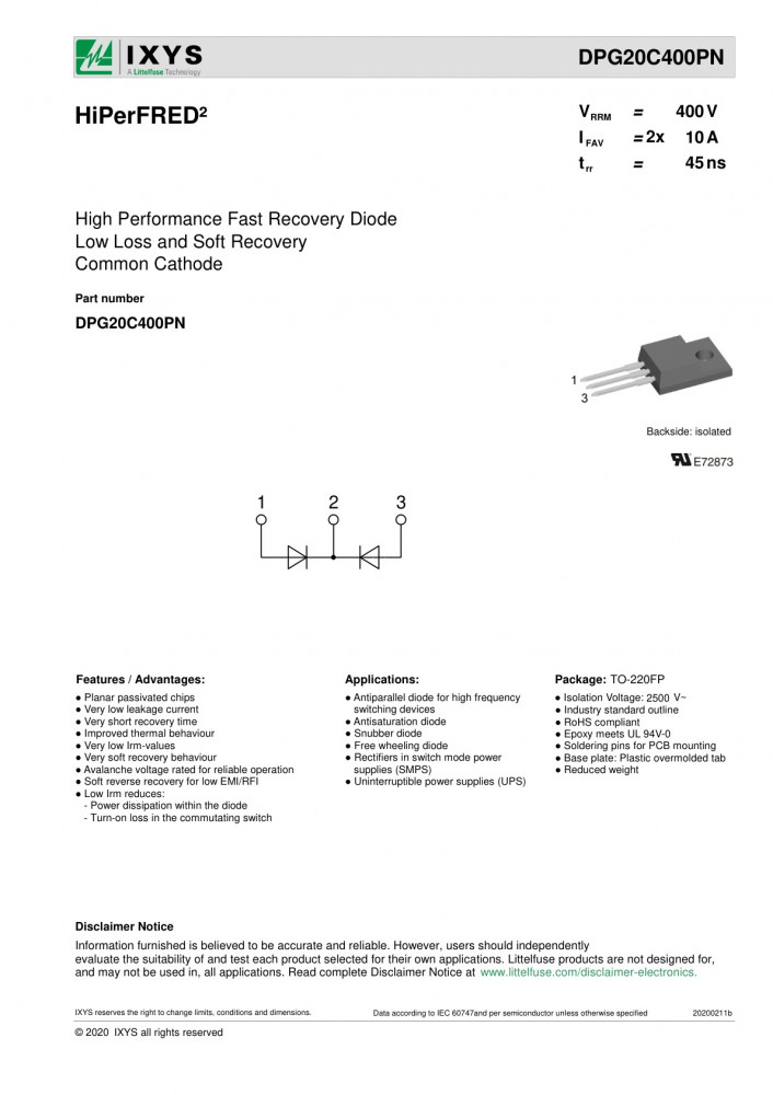 DPG20C400PN technical document page 1