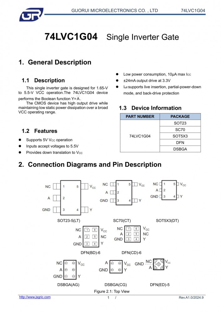 74LVC1G04 technical document page 1