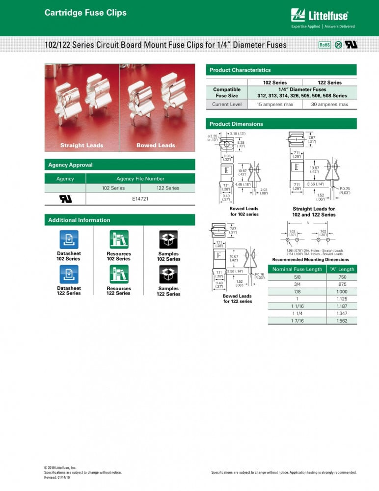 Littelfuse 102 and 122 Series fuse clip documentation page 1