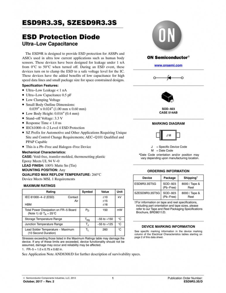SZESD9R3.3ST5G datasheet page 1