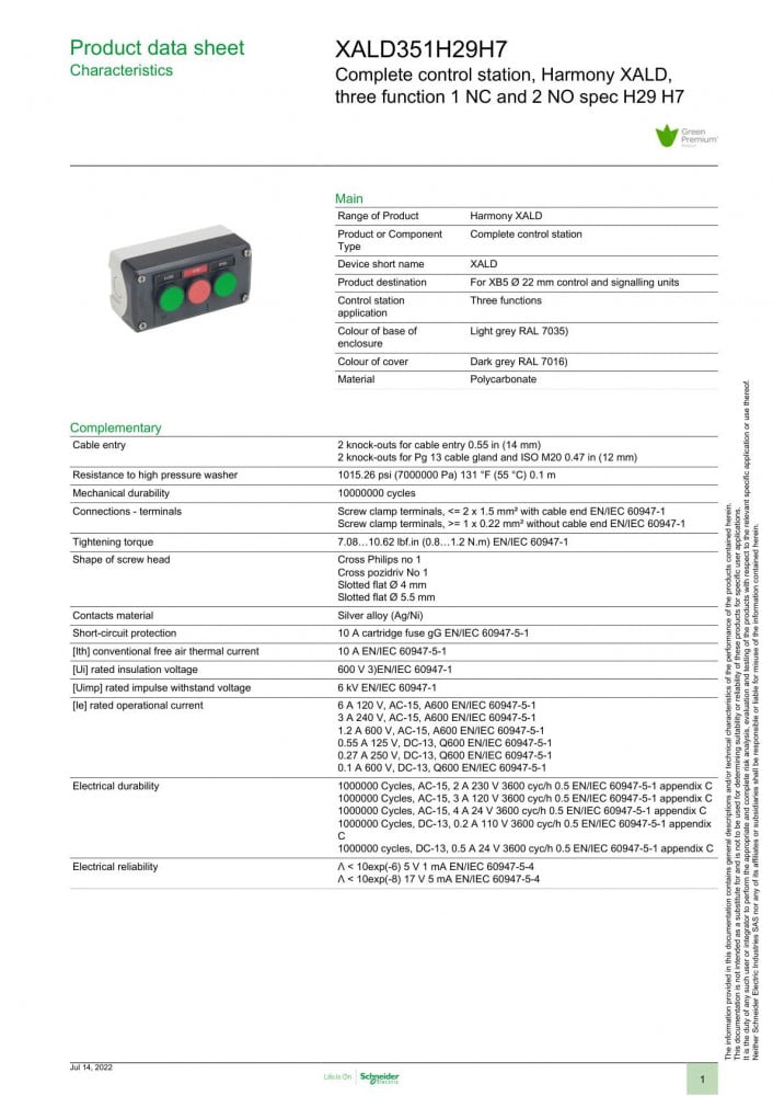 XALD351H29H7 technical document page 1