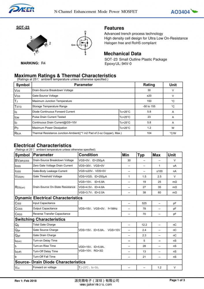 AO3404 datasheet page 1