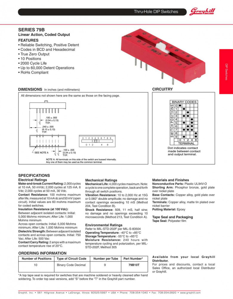 Grayhill Series 79B 79B10T technical document page