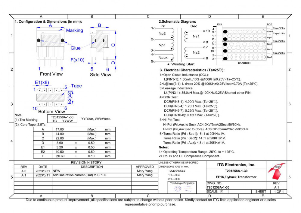 T201258A flyback transformer technical drawing preview