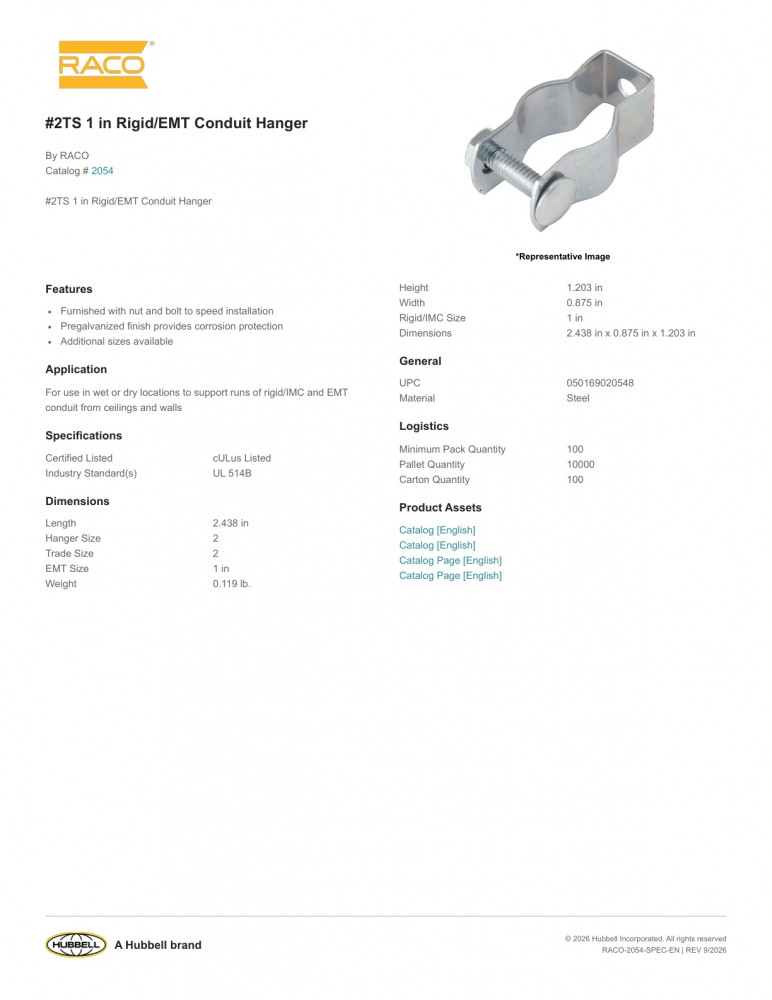 Catalog page image for the RACO 2054 conduit hanger