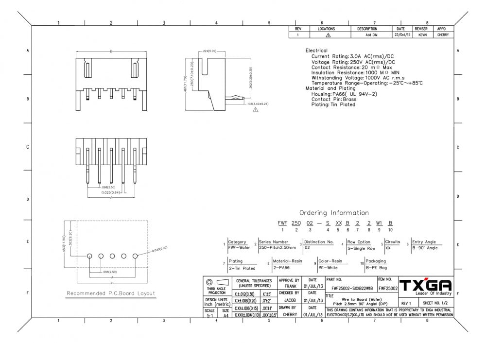 TXGA FWF25002 technical drawing page 1