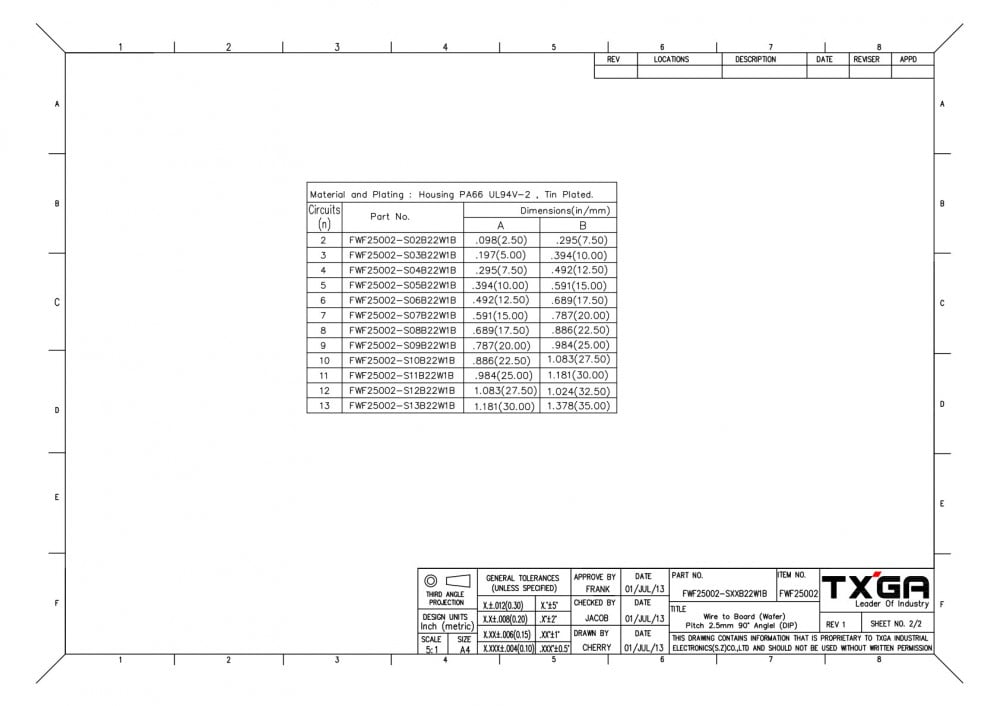 TXGA FWF25002 technical drawing page 2