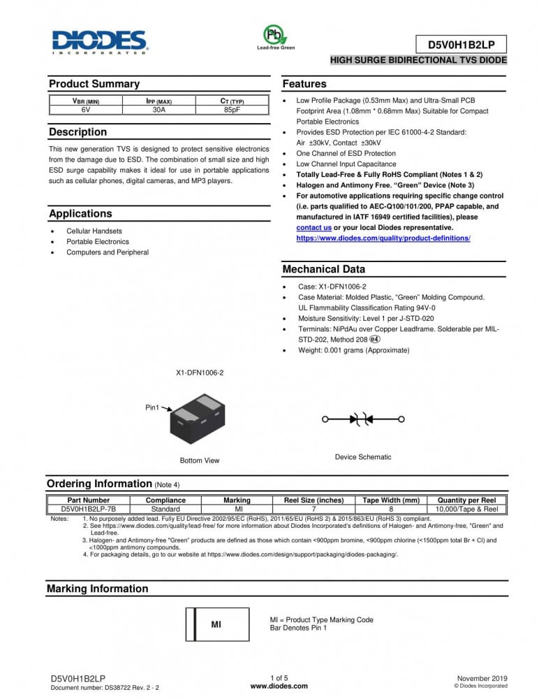 D5V0H1B2LP-7B datasheet page 1