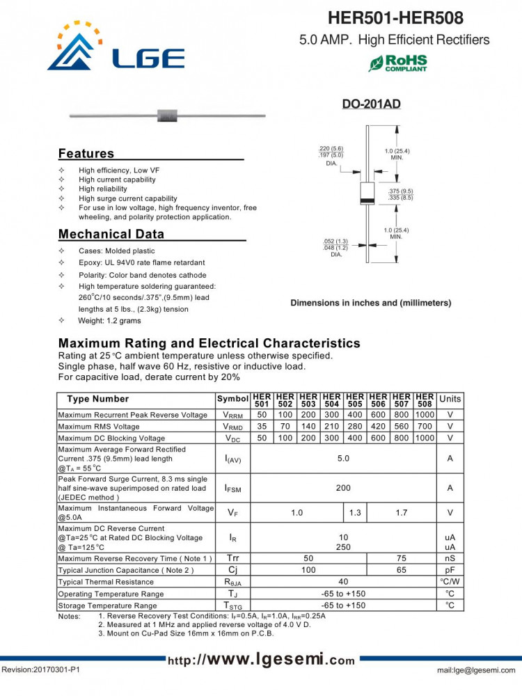 LGE HER504 datasheet page 1