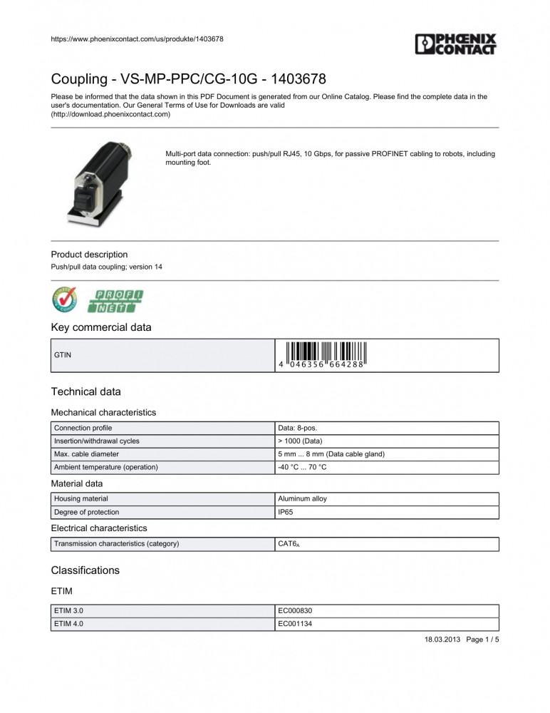 Phoenix Contact 1403678 technical document page 1