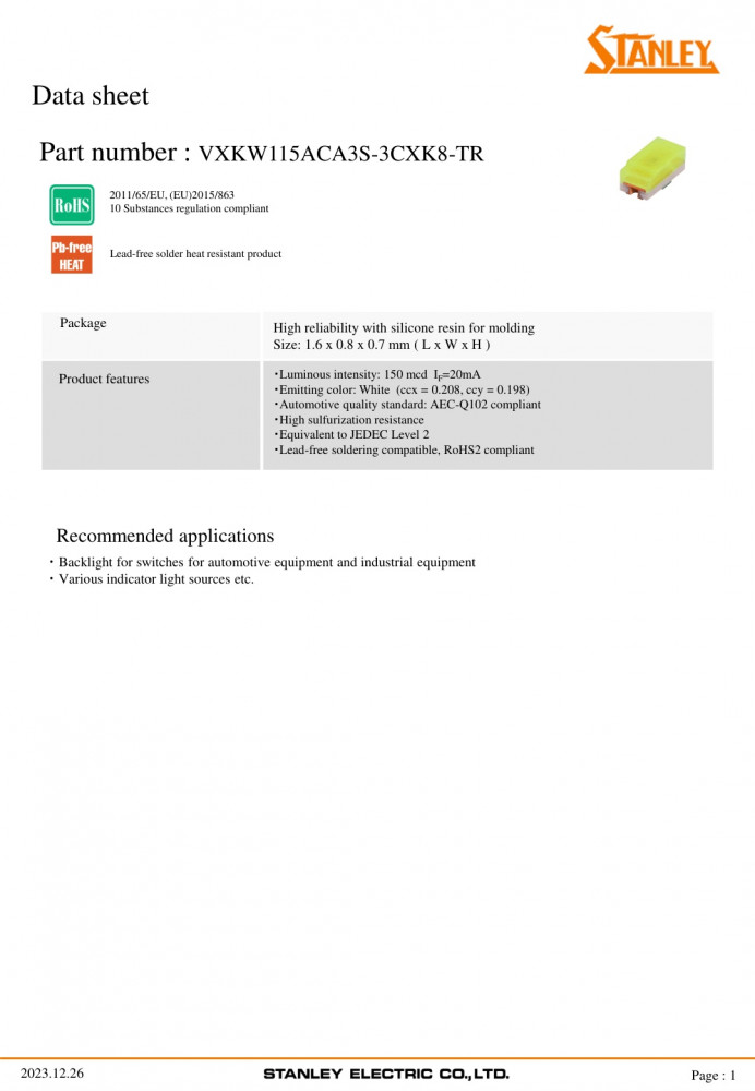 STANLEY VXKW115ACA3S-3CXK8 datasheet page 1