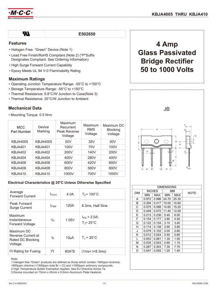 KBJA401-BP datasheet page 1