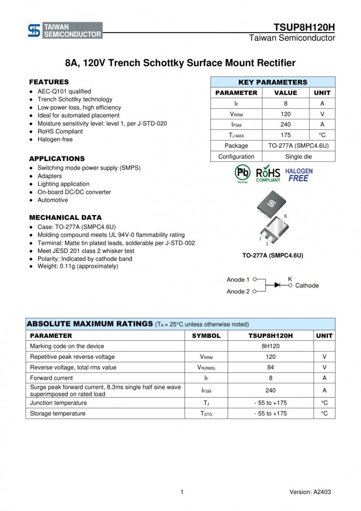 TSUP8H120H datasheet page 1