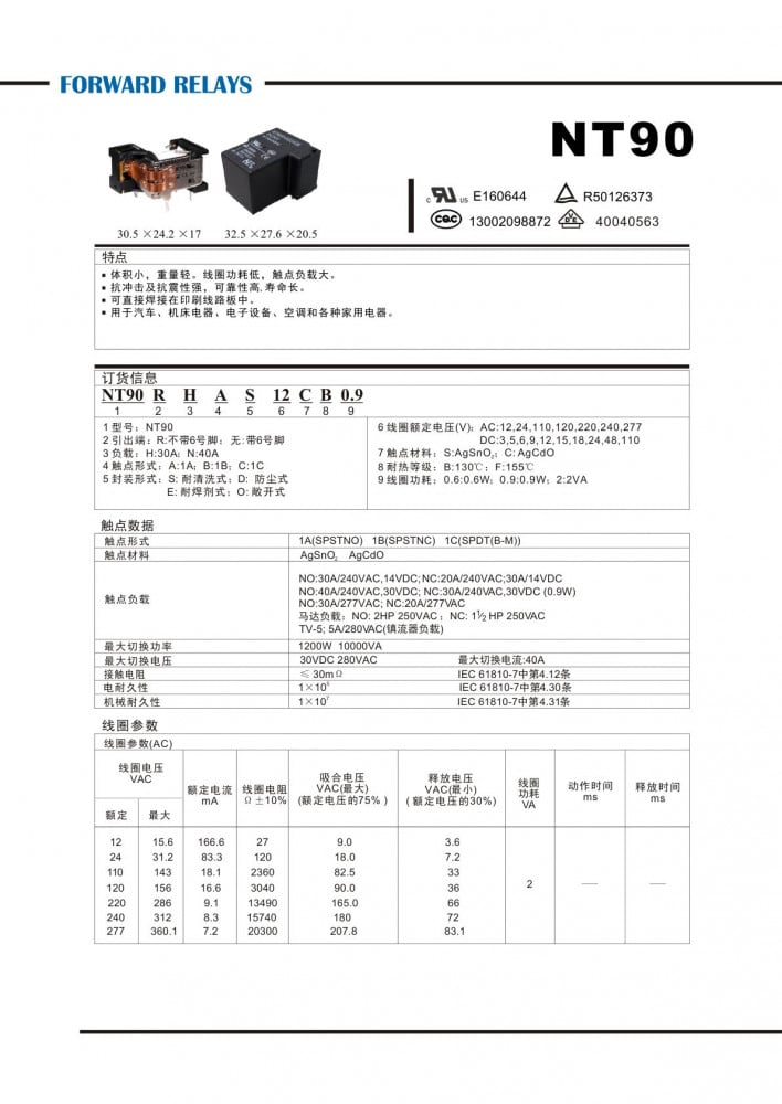 NT90R relay datasheet page 1