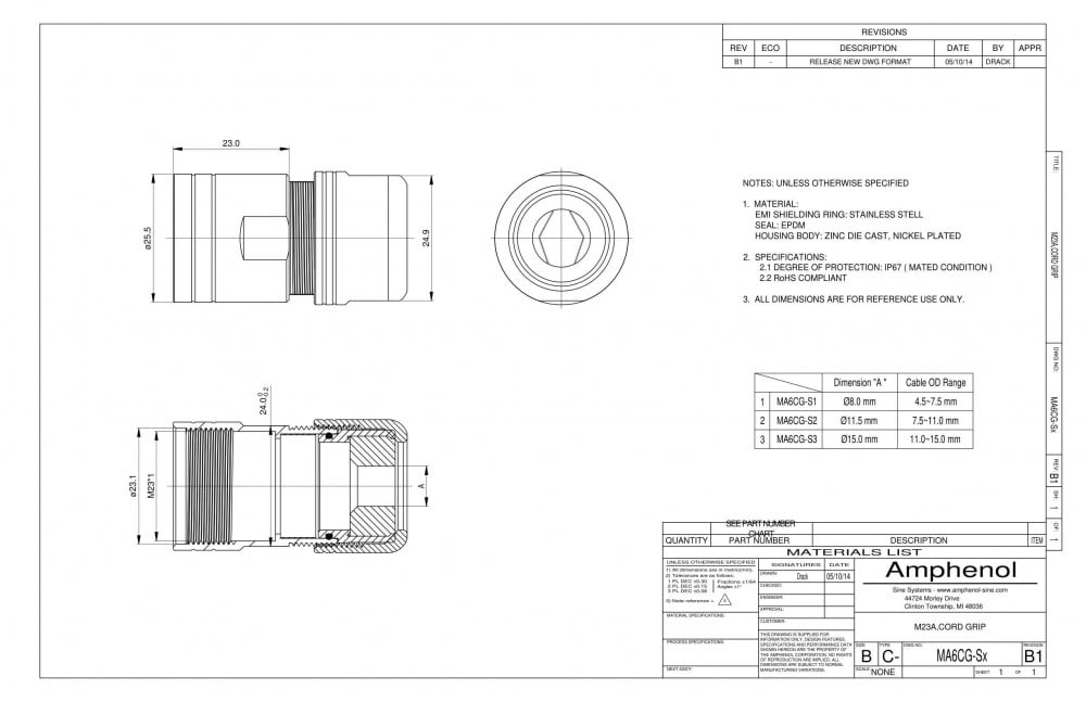 Amphenol MA6CG-S1 technical drawing