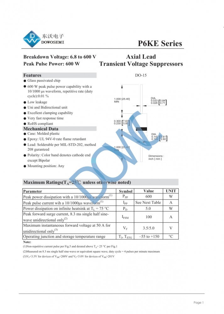 DOWO P6KE series datasheet page 1