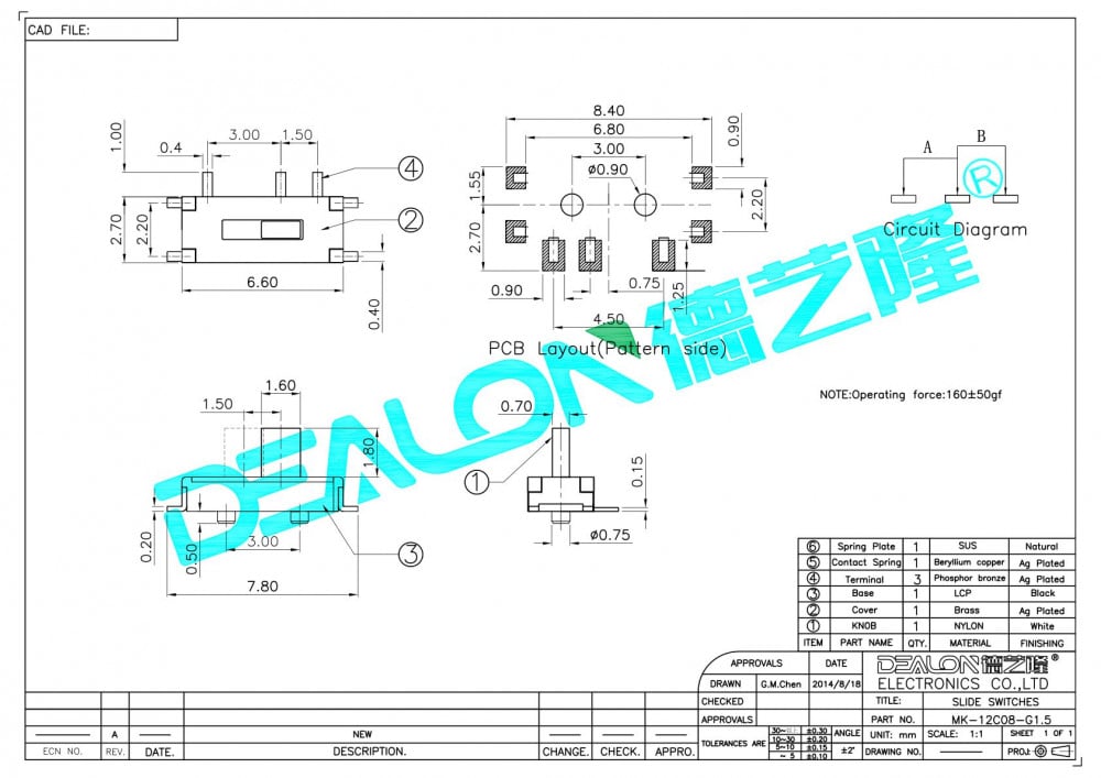 DEALON MK-12C08-G1.5 slide switch technical drawing