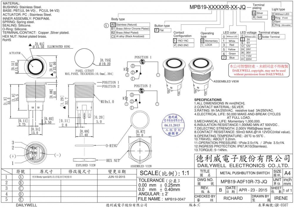 Dailywell MPB19-A0F10R-73-JQ technical drawing