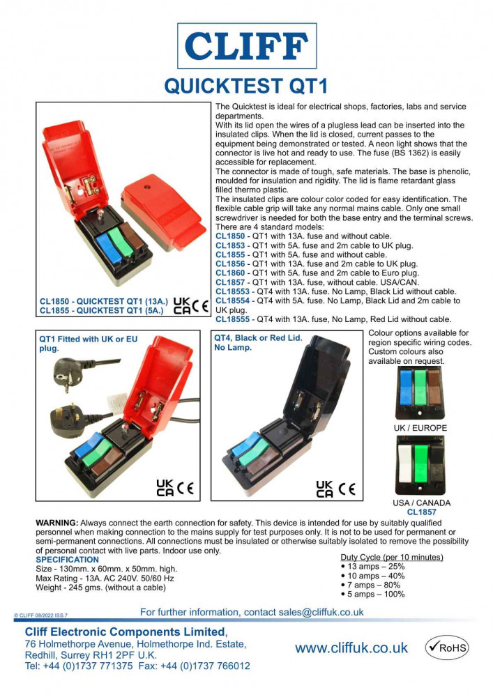 CLIFF CL1850 Quicktest QT1 product documentation