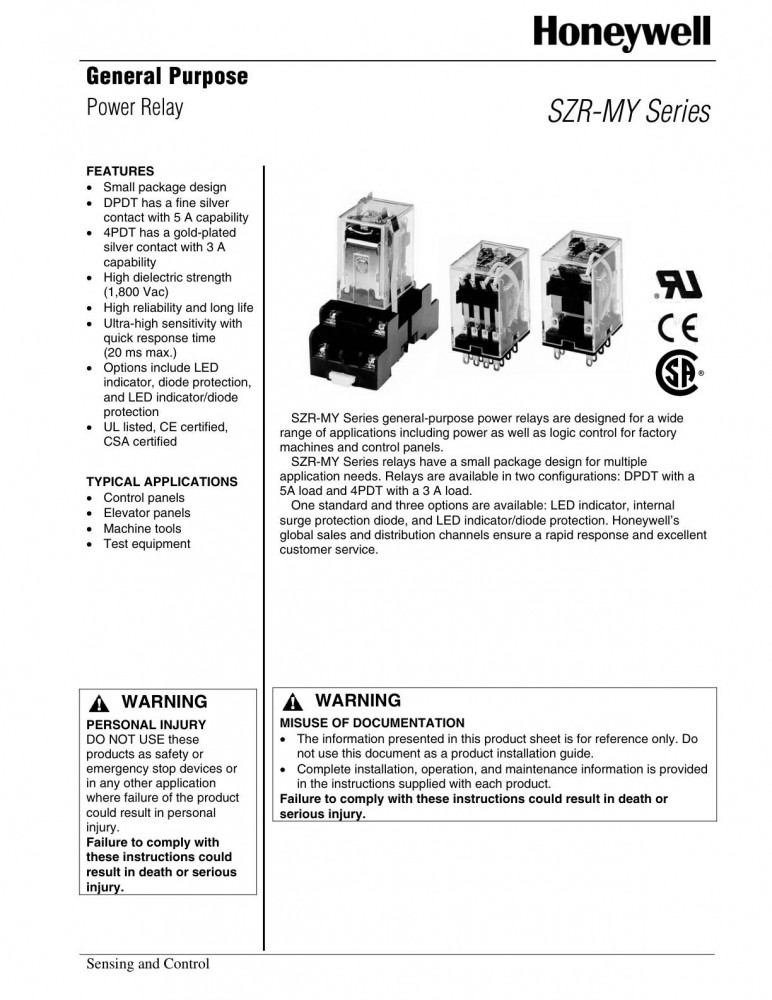 Honeywell SZR-MY Series document page 1